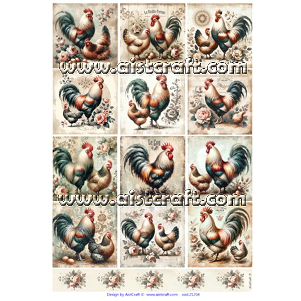 Rice paper for decoupage Vintage Roosters and Hens